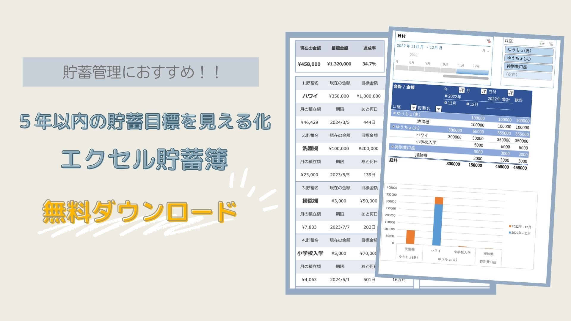 貯蓄管理におすすめ!5年以内の貯蓄目標が見える化できるエクセルテンプレート(無料ダウンロード） - ari-mamaの家計簿